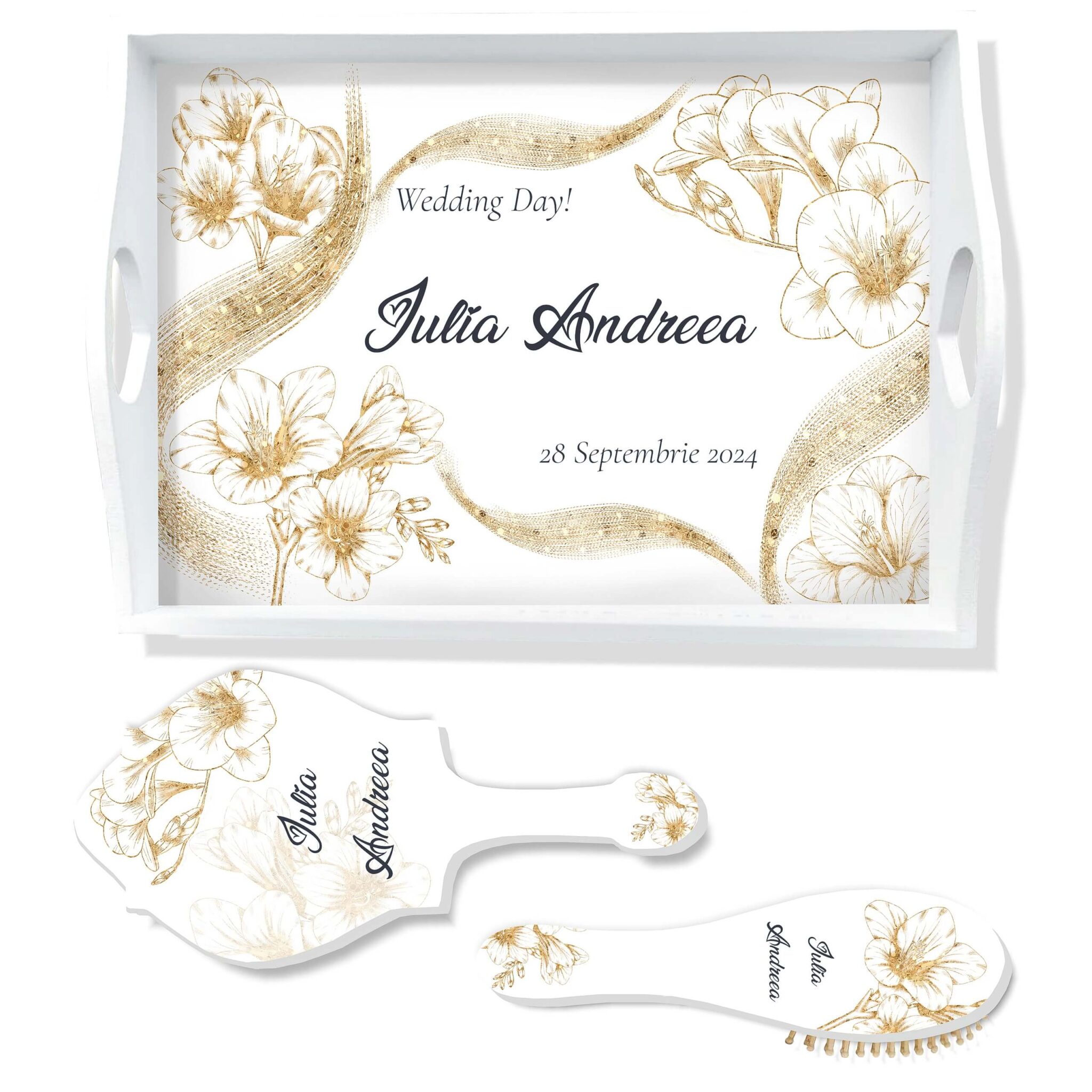 Tava Gatitul Miresei Flori Elegante Aurii • Tavite Personalizate